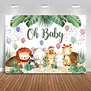 Mocsicka Oh Baby Backdrop 7x5ft Jungle Safari Animals Greenery Balloons Baby Shower Party Decorations Cute Cartoon Animals Gift Boxes Baby Shower Photography Background