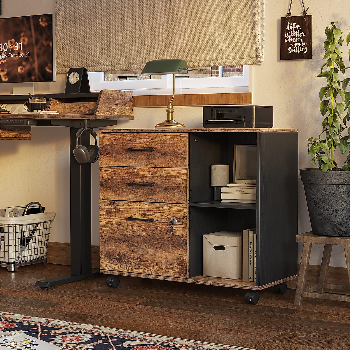 FEZIBO Triple Motor L-Shaped Electric Standing Desk with 3 Drawers, Stand up Desk, Height Adjustable Desk with 3 Drawer Lateral File Cabinet, 63 x 24 Inches Rustic Brown Top/Black Frame (2 Packages)