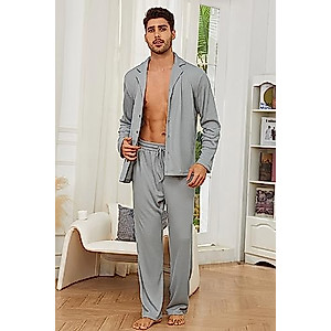 Andeip Mens Sleepwear Mens Pajamas Set Waffle Knit Long Sleeve Pjs Matching Lounge Set Light Grey L
