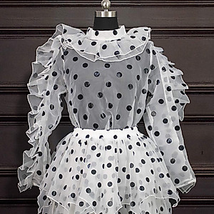 AOMEI Women's Polka Dot 2 Piece Sets Dress Transparent Ruffle Top Blouses Tulle Midi Puffy Skirt
