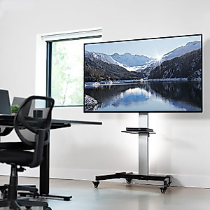 VIVO Aluminum Mobile TV Cart for 32 to 83 inch Screens up to 110 lbs, LCD LED OLED 4K Smart Flat, Curved Panels, Heavy Duty Stand with DVD Shelf, Locking Wheels, Max VESA 600x400, Silver, STAND-TV09