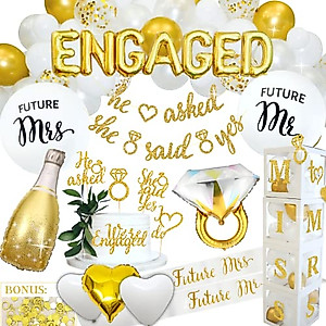 248 Pc Engagement Party Decorations , Gold and White Bridal Decorations , He Asked She Said Yes Banner , Engaged Letter Balloons , Future Mrs and Mr Balloons & Sashes , Ring Balloon , Boxes & more