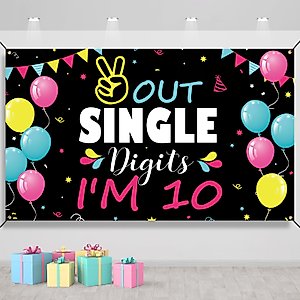 HTDZZI 10th Birthday Decorations for Girls Boys, Happy 10th Birthday Backdrop Banner, Double Digits 10 Year Old Birthday Party Yard Sign Photo Props Background Decor Supplies, Fabric