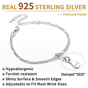 ChicSilver 925 Sterling Silver Heart Bracelet for Women Dainty 3mm Cubic Zirconia CZ Created Aquamarine March Birthstone Figaro Chain Bracelet Birthday Jewelry Gifts
