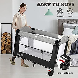 4 in 1 Portable Pack n Play, Baby Bedside Crib w/Bassinet, Folding Nursery Center Playard, Large Playpen for Infant and Toddler, Newborn Changing Table, Storage, Grey Basket, Side Zipper, Travel Bag