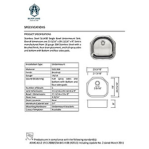 Silver Lake 23" L x 21" W x D x 9" Single Bowl D Shape Undermount Kitchen Sink 18 or 16 Gauge with Grid, Clips, Strainer (SLU430) (16 Gauge)