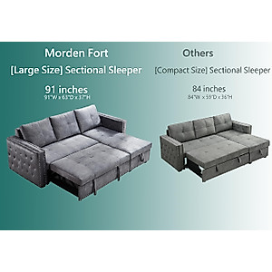 Morden Fort Sectional Sleeper Sofa with Pull Out Bed Storage, Queen Size 91 inches Sofa Bed, L-Shape Sectional Couch with Comfy Chaise Seat Sectional Sleeper Couch for Living Room, Velvet Grey