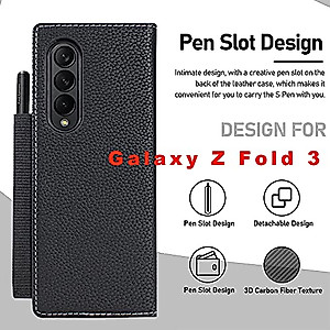 Woluki Galaxy Z Fold 3 Case with S Pen Holder, Genuine Leather Wallet Card Solt Magnetic Detachable 2-Style 360° Full Protection Stylus Storage Phone Cover for Samsung Galaxy Z Fold 3 5g (Black)