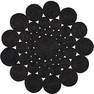 Round Jute Rug Black Hand Woven Farmhouse Area Rug for Living Natural Carpet for Indoor & Outdoor-72 Inch (6 Ft)