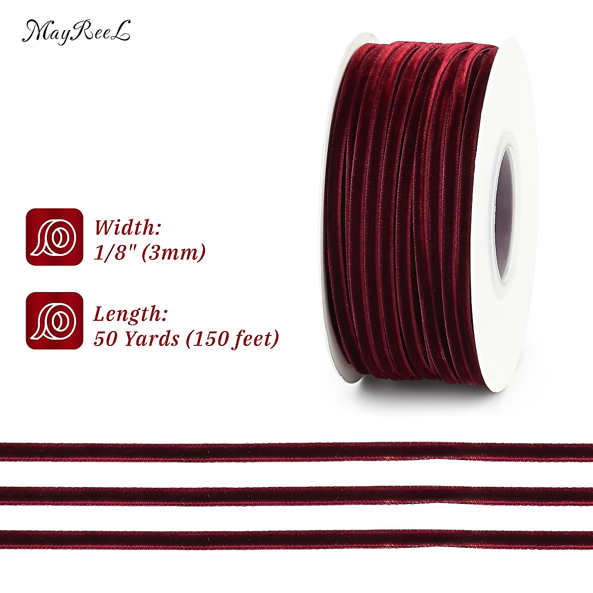 MAYREEL 1/8 Inch Burgundy Velvet Ribbon Thin Maroon Vintage Ribbon for Wedding Invitations Crafts Gift Wrapping Party Favor Boxes 50 Yards