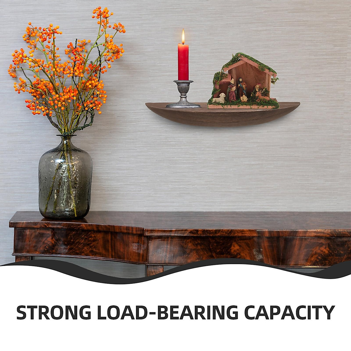 VOSAREA Half Round Floating Shelves, 27cm Wood Wall Floating Shelf Walll Mounted Shelves Photo Frame Holder for Bedroom Living Room Bathroom Kitchen Office