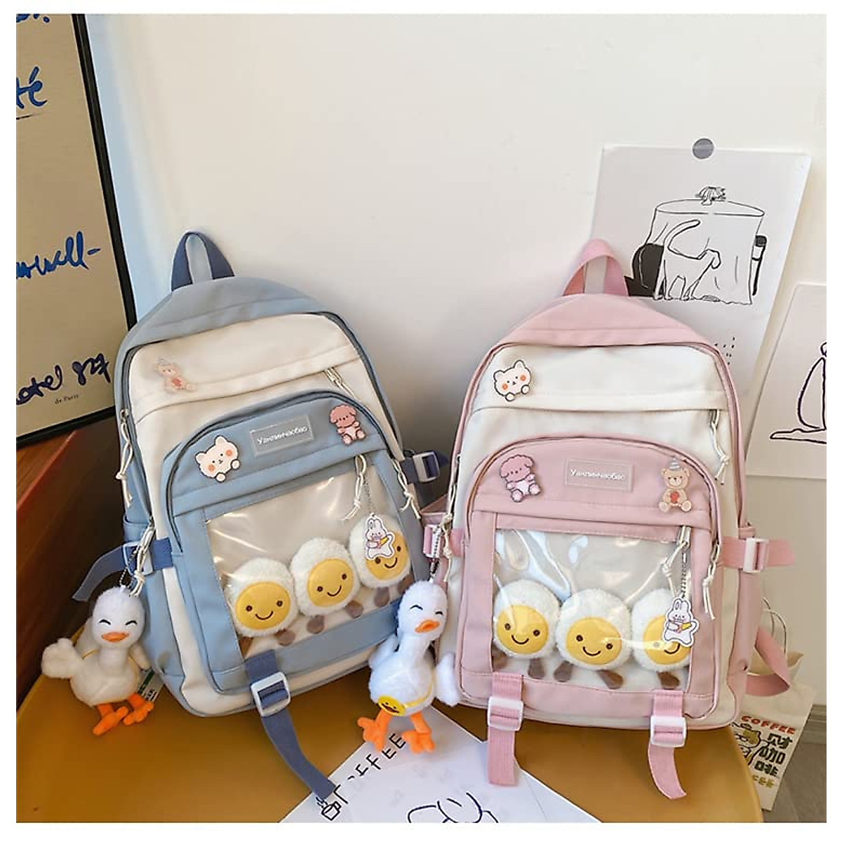 HACODAN Kawaii Backpack Ita Bag Lovely Pin Bag Japanese Aesthetic with Cute Pendant and Pins for Girls High School Book Bags for School (Blue)