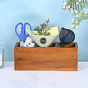 dedoot Wood Remote Holder Desk Pencil Holder, 3 Compartment Brown Wooden Organizer Drawer 3 Section Rustic Remote Control Holder for School, Home and Office Supplies, 9x3x3.4Inches