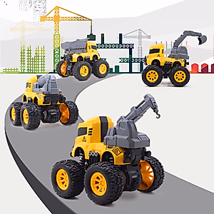 UOWGA Construction Toys for 3 Year Old Boys, 4 Pack Push and Go Car Truck Playset for Boys Girls Toddler Aged 3 4 5 6 Year Old Gifts for Kids Birthday