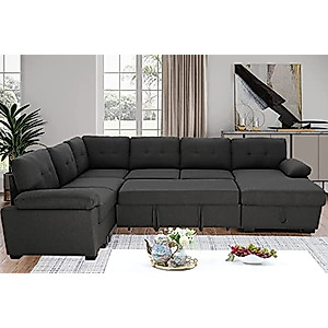 Sectional Sleeper Sofa Bed L Shaped Pull-Out Couch Bed with Storage Lounge Chair Home Office Sleeper Sofa Couch 6 Seater Sectional Couches Set, Dark Grey