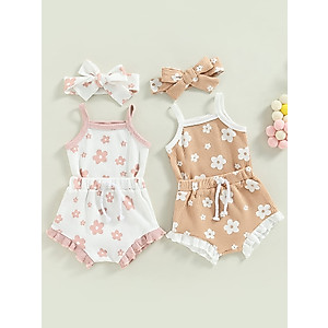 LIOMENGZI Newborn Baby Boy Girl Summer Clothes Outfits Set Fly Sleeve Solid Romper Tops Drawstring Short Headband Clothes Set (Light Khaki, 0-3 Months)