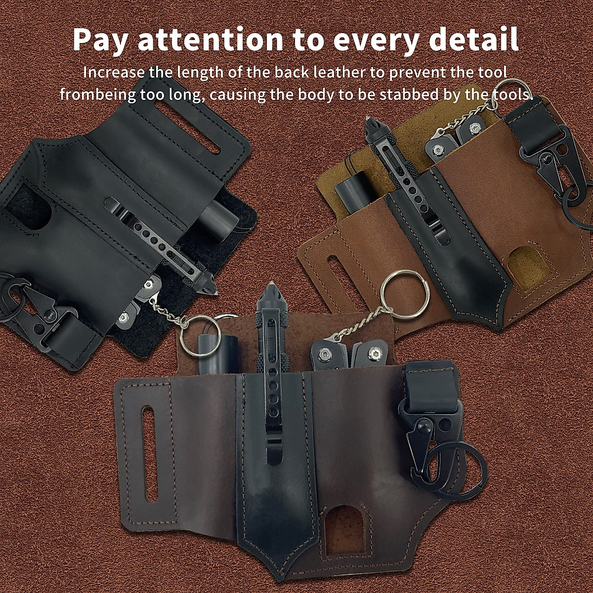 Multitool Sheath for Belt, Leather EDC Belt Organizer, EDC Pocket Organizer for Men, with Pen Holder, Key Fob, Flashlight Sheath (Light Brown)