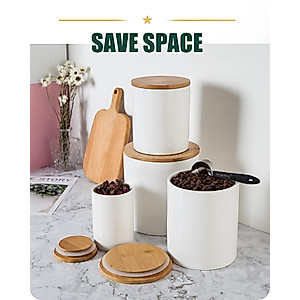 Lareina Ceramic Large Food Storage Canister with Airtight Seal Bamboo Lid, Utensil Holder 82.12 FL OZ (2450 ML) White Cookie Jar for Home and Kitchen Serving for Coffee, Sugar, Tea, Flour and More