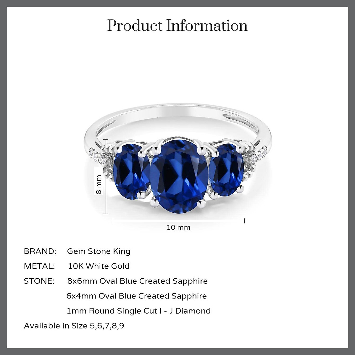 Gem Stone King 10K White Gold Oval Blue Created Sapphire and Diamond Accent 3-Stone Women Engagement Ring (2.65 Cttw) (Size 8)