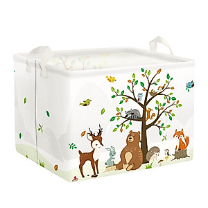 Clastyle Woodland Animals Bear Fox Raccoon Tree Baby Gift Storage Basket Deer Owl Collapsible Rectangular Shelf Basket Toy Book Clothes Towel Storage Bin for Nursery