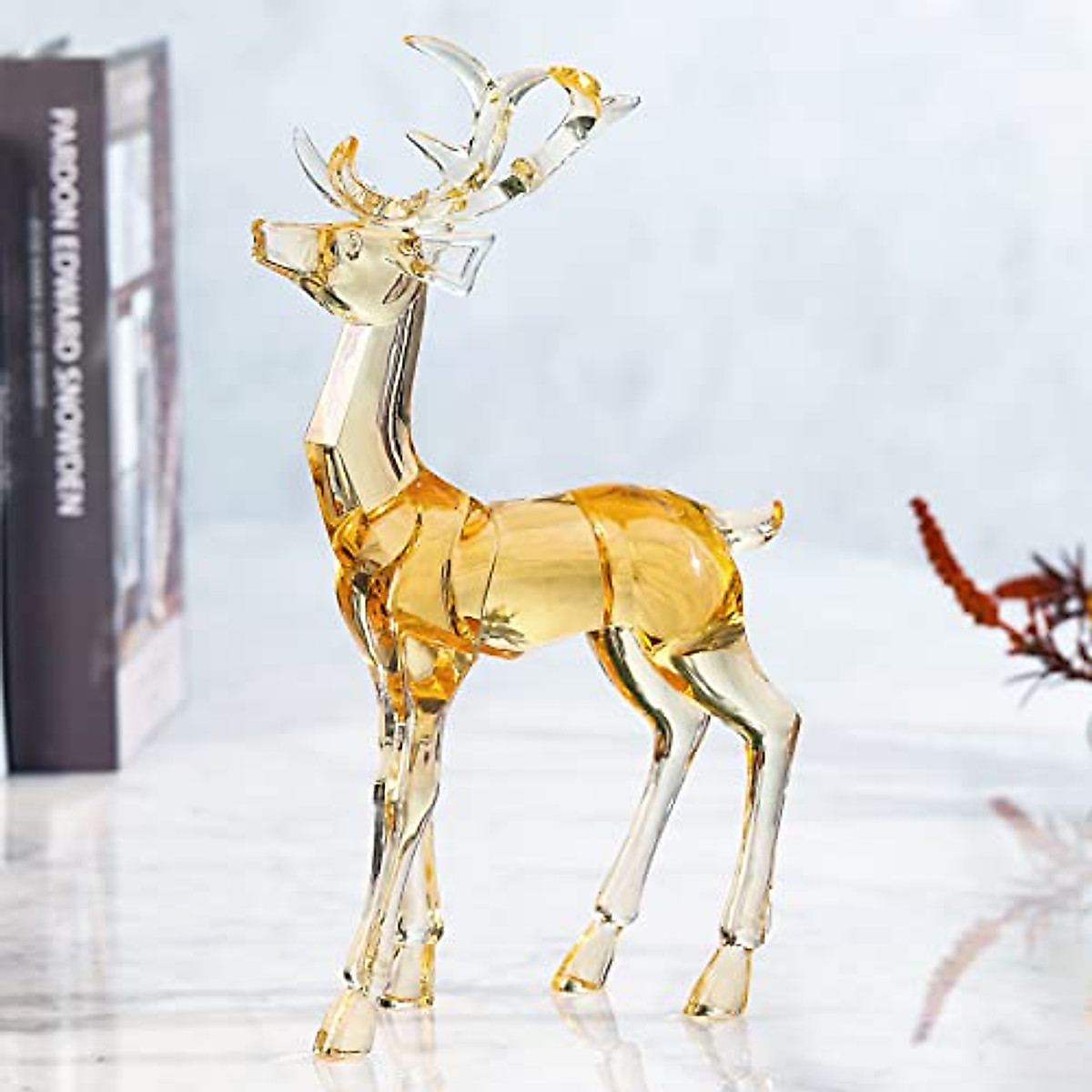DARMOMOON Acrylic Reindeer Deer Figurine Glass Collection Ornament Statue Animal Collectible Standing Christmas Decor Home Decor 7.2" L (Amber)