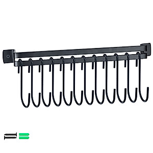 Pots and Pans Hanging Rack Wall Mounted,Kitchen Utensil Hanger with 12 Pack Black S Hooks for Hanging Spatulas Measuring Spoons Tools Coffee Mug,Anti-Drop Kitchen Wall Rack Rrganizer -17 Inch