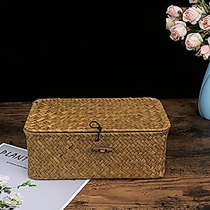 Alipis Desktop Stand Storage Drawers Straw Basket with Lid Seagrass Storage Basket Bins, Desktop Makeup Organizer Sundries Storage Box Rattan Lidded Box Shelf Bracket Small Basket