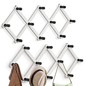 CILXGQLN 2 Pack Expandable Coat Rack Hat Hangers for Wall, Accordion Wall Hangers, Wooden Hat Rack Wall Mounted, 10 Peg Hooks for Keys, Hat, Bags, Coats, Towels, Umbrella, Necklaces, White