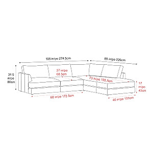Valencia Serena 108" Cognac Tan Brown Full Leather Sectional Sofa with Right Chaise | Nappa 11000 Leather, Modern Low Profile Lounge Sofa | L Shaped Couch for Living Room Furniture