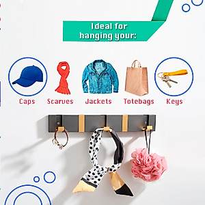 GRATIAM Coat Rack Wall Mount with 5 Gold Hooks, Space-Saving Organizer for Hats, Bags, Jackets, Umbrella, Scarves, Designer Home Decor for Entryway, Bathroom, Bedroom (Black+Gold, 5 Hooks)