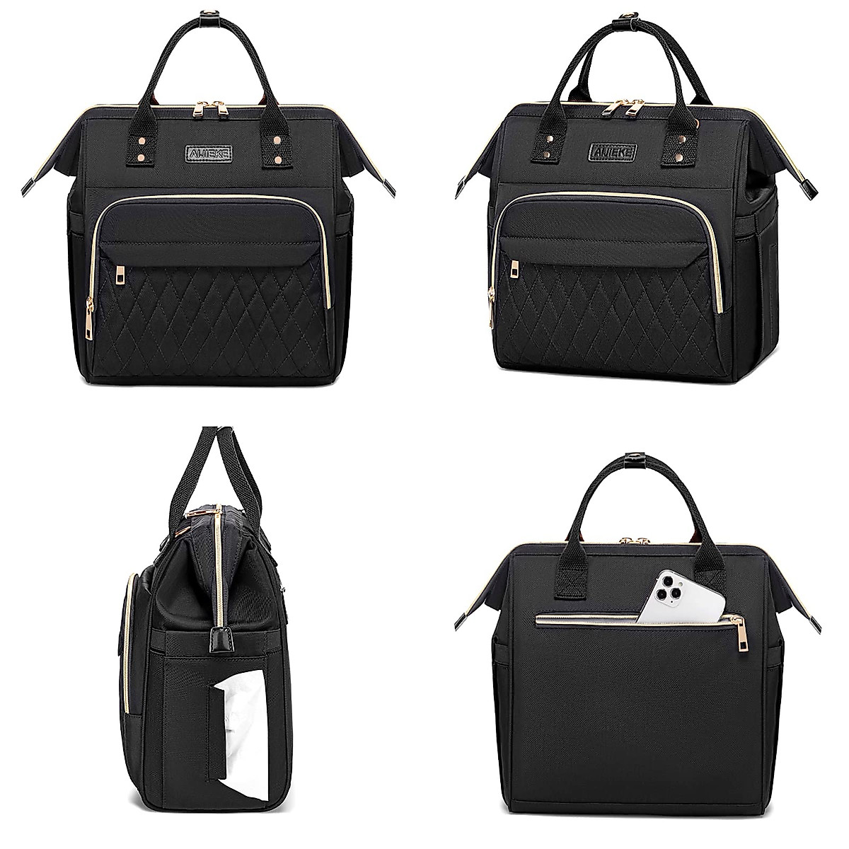 AIJIEKE Lunch Bag for Women, Large Lunch Box for Work Insulated Lunch Bag, Adult Leakproof Lunch Tote Cooler Bag with Side Pockets & Adjustable Strap, Lunch Purse for Picnic Beach, Black