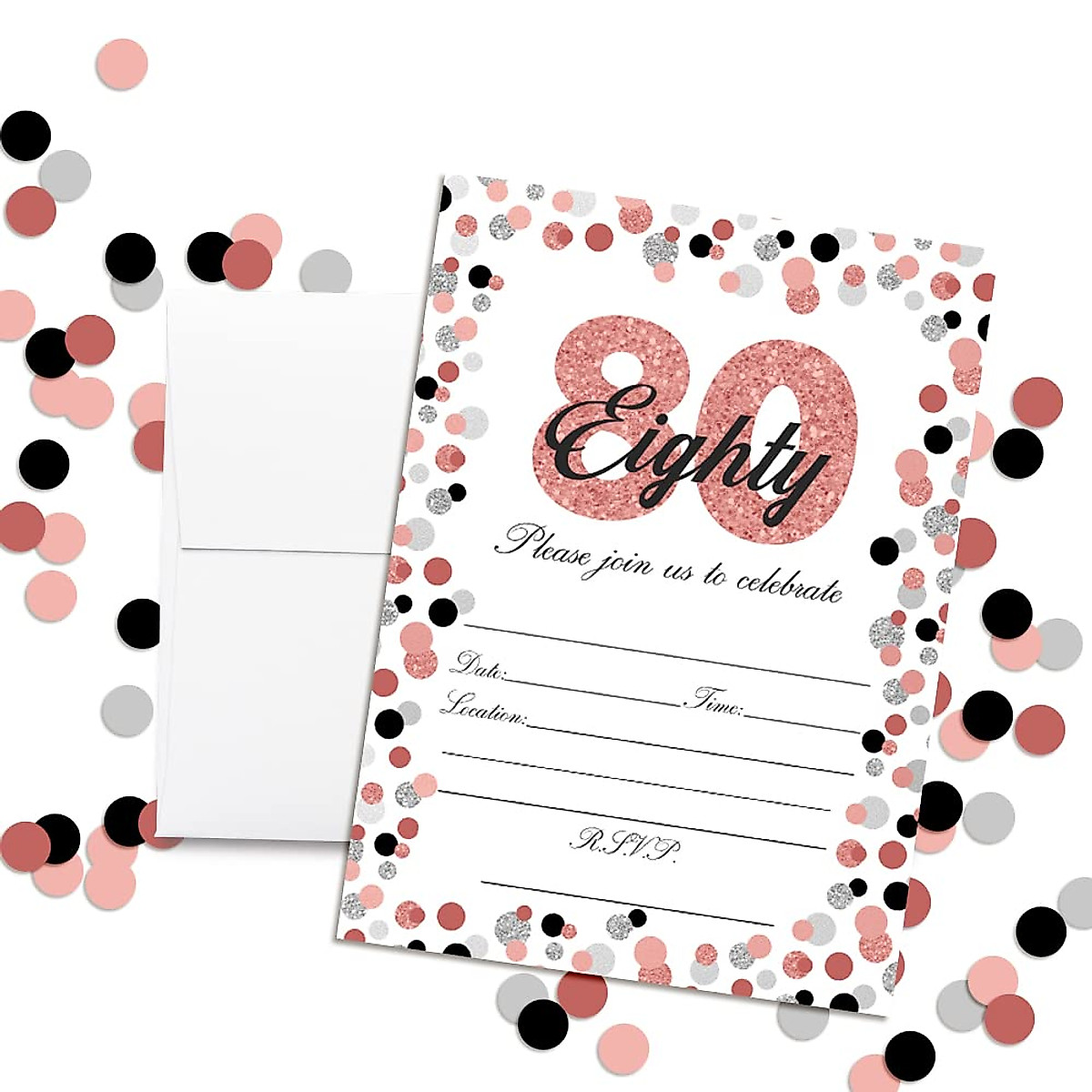 Amanda Creation Confetti Rose Gold Polka Dot 80th Birthday Party Invitations, 20 5x7 Fill-In Cards with Twenty White Envelopes