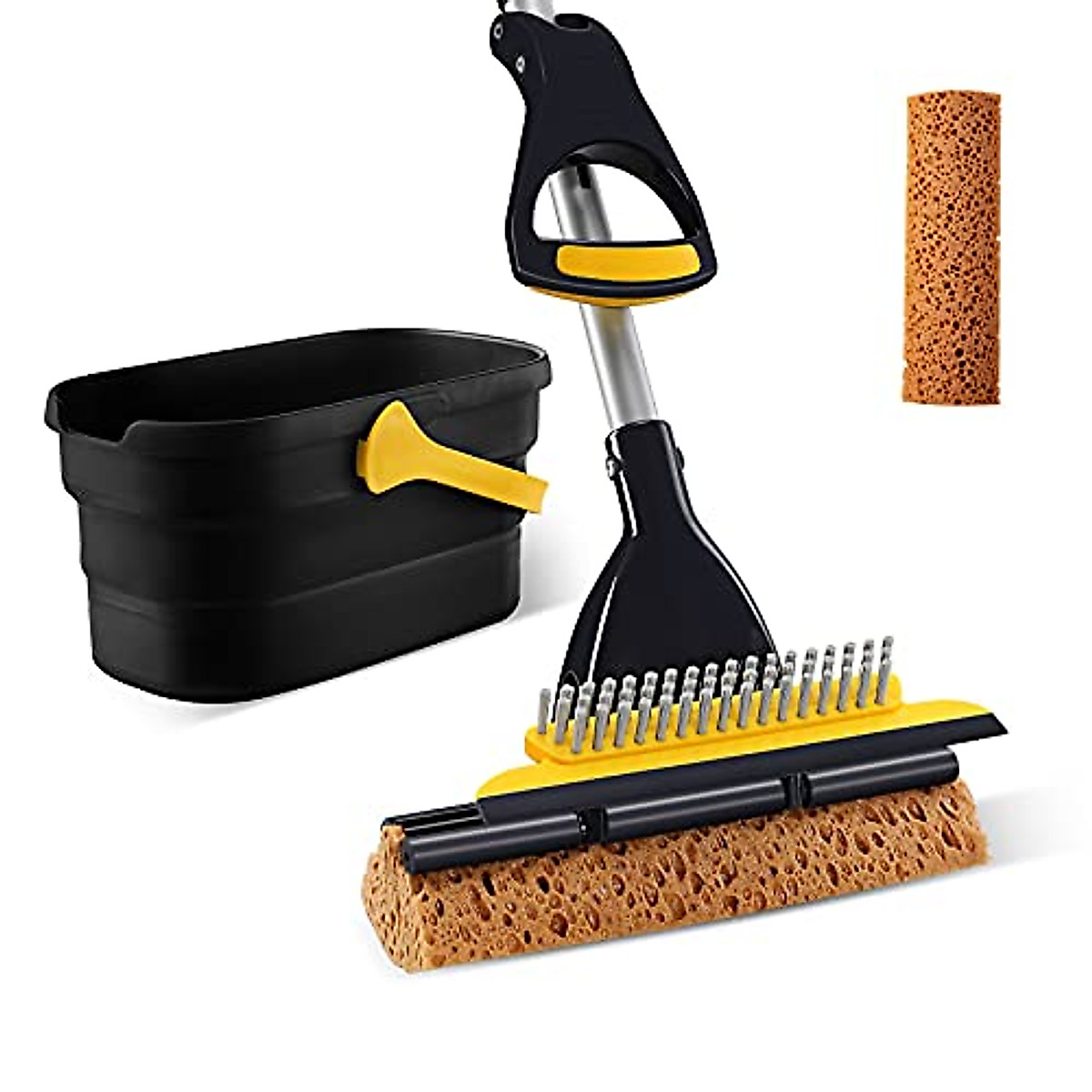 Yocada Collapsible Plastic Bucket Mop Bucket and Sponge Mop Kit Home Commercial Tile Floor Bathroom Garage Cleaning with Total 2 Sponge Heads Telescopic 42.5-52 Inches Easily Dry Wringing