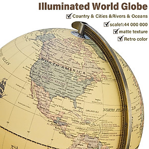 12'' Retro Illuminated World Globe with Wooden Stand, 2-1 Educ & Décor Antique Night Light up Globe Built in LED & HD Printed Map, Antique Illuminated Globe for Adults & Kids, Home Décor, Office