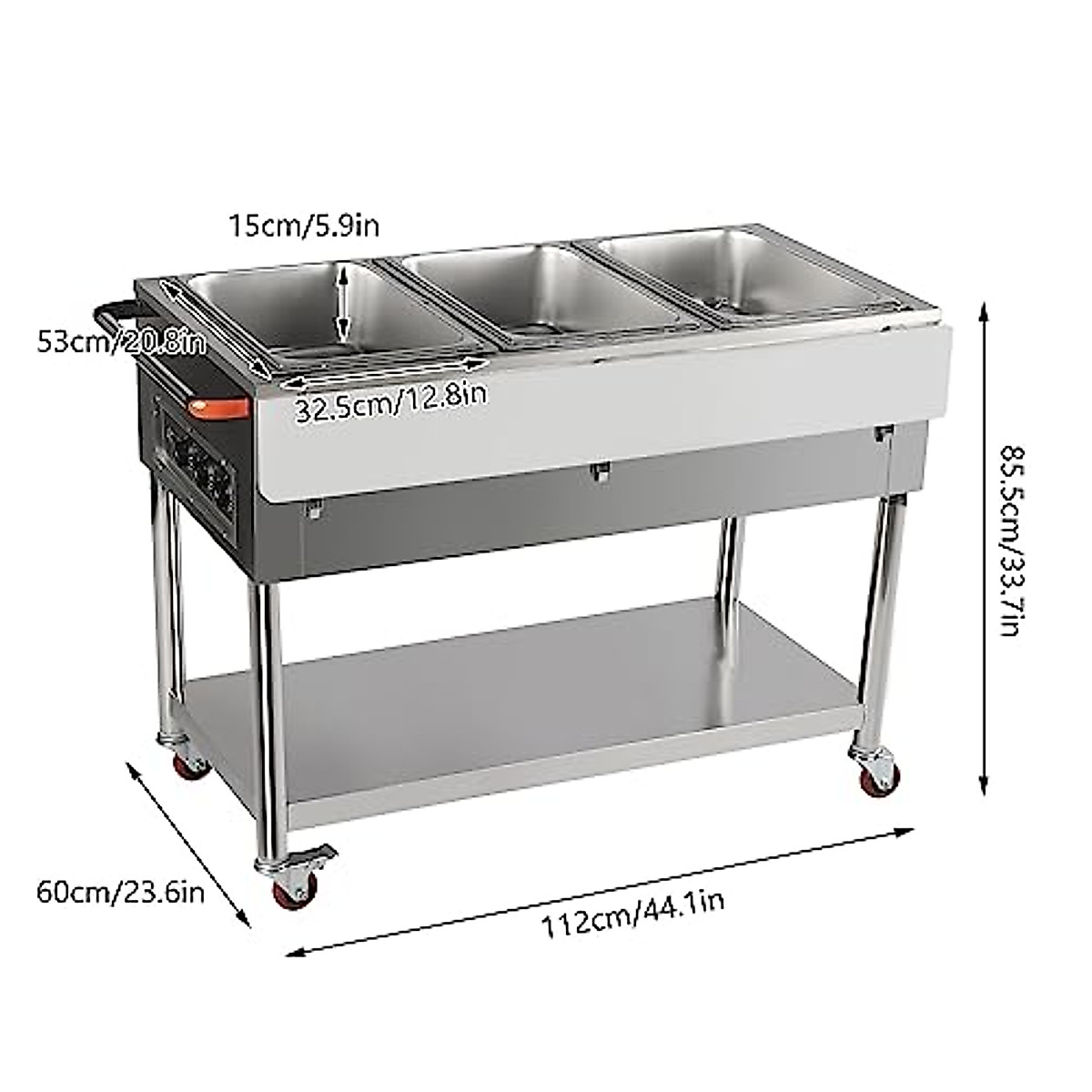 KOLHGNSE Commercial Electric Food Warmer, 3-Pot Steam Table Food Warmer 0-100℃ with Movable Wheels, Professional Stainless Steel Material for Catering and Restaurants