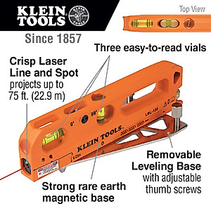 Klein Tools LBL100 Laser Level with Level Bubble Vials, Magnetic, 3-Vial with Leveling Base, Laser Line and Laser Spot Orange