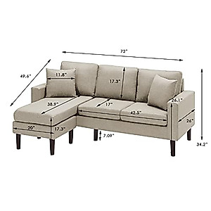 SoarFlash 72” Convertible Sectional Sofa Couch L-Shaped Couch Modern Linen Fabric 3-Seat Sofa Sectional with Reversible Chaise for Office,Living Room/Small Space(Beige)