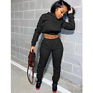 Women 2 Piece Outfits Sets, Long Sleeve Hoodie Crop Top Jogger Pants Sweatsuits Sport Set Black L