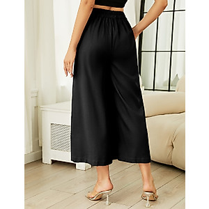 Hooever Women's Cotton Linen Culottes Pants Elastic Waist Wide Leg Palazzo Trousers Capri Pant (Black-XL)