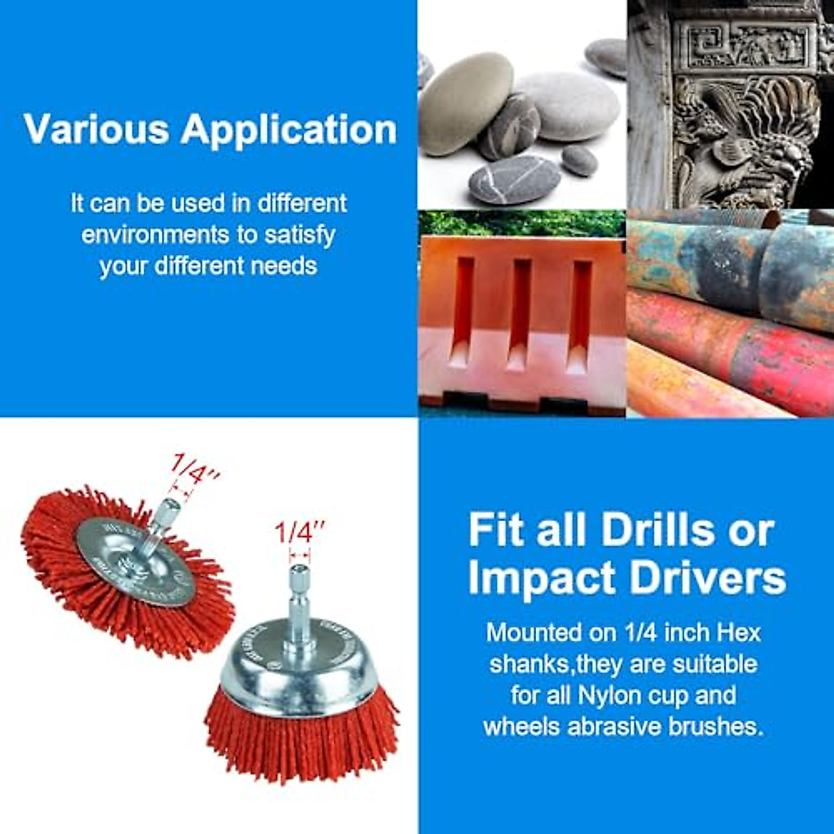 SALI 9 Pack Nylon Filament Abrasive Wire Brush Wheel & Cup Brush Set with 1/4 Inch Hex Shank, 3 Sizes Nylon Drill Brush Set for Removal of Rust Corrosion Paint