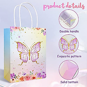 16 PCS Butterfly Party Gift Bag Favors Bags with Tissue Paper Goodie Paper Bags Pink and Purple Flowers Candy Paper Bags with Handles for Kids Girl Birthday Party Decor Baby Shower(8.2" x 5.9" x 3.1")