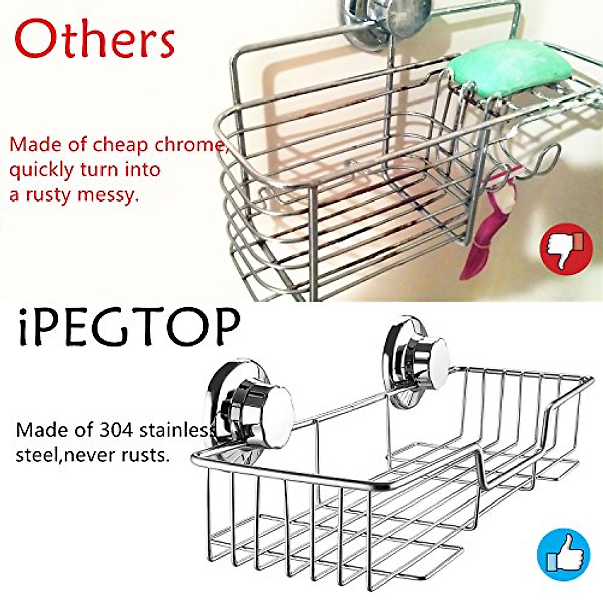 iPEGTOP L-4 Strong Suction Cup Shower Caddy Bath Shelf Storage, Combo Organizer Basket for Shampoo, Soap, Conditioner, Razor Bathroom Accessories - Rustproof Stainless Steel, Chrome
