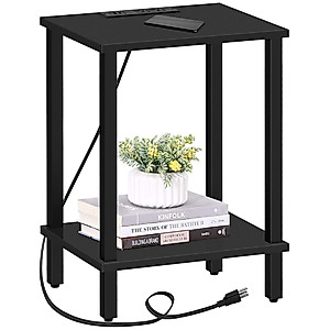 TUTOTAK End Table with Charging Station, Side Table with USB Ports and Outlets, Nightstand, 2-Tier Storage Shelf, Sofa Table for Small Space TB01BK040