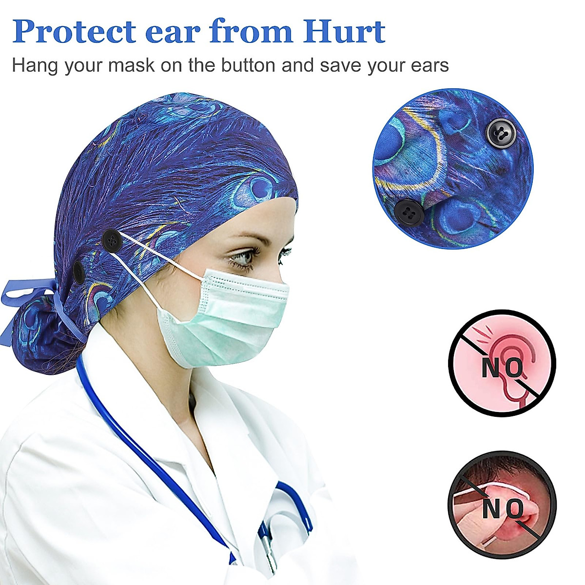 Fanadith Surgical Caps for Women, Scrub Caps Women Ponytail, 3 PCS Scrub Hats with Buttons Ribbon Tie, Adjustable Nurse Caps for Women