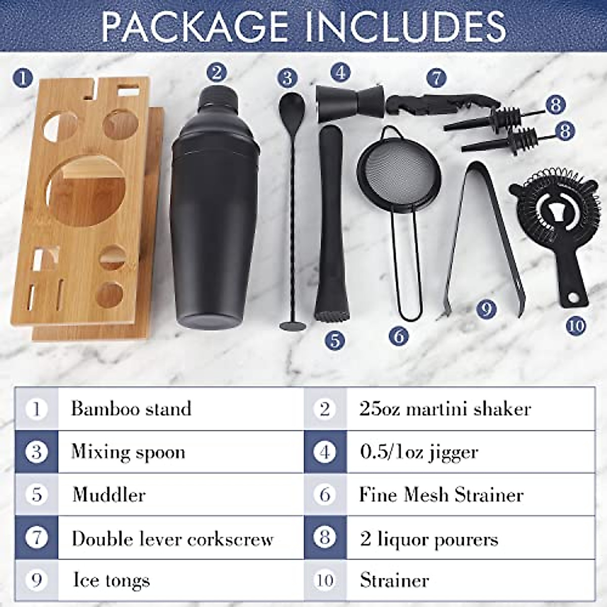 JNWINOG 11Pcs-Cocktail Shaker Set Black Bartending Kit 25oz Cocktail Bar Set Cocktail Mix Drink Making Kit Professional Bar and Home Drink Bar Tools for Bartender(Matte Black)