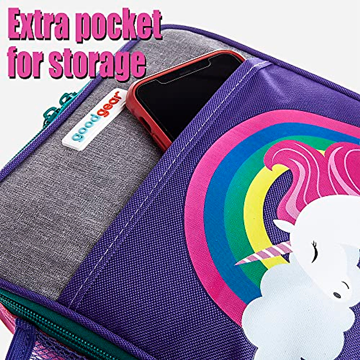 Good Gear Insulated Lunch Bag for Kids w/ Water Bottle Holder & Large Compartment, Unicorn School Girls Lunchbox, Pink/Purple