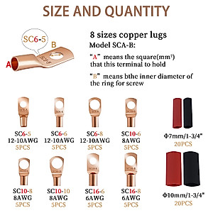 80 Pcs Copper Wire Lugs, Battery Terminal Connectors AWG 8 6 12/10 with Heat Shrink Set, 40 Pcs Heavy Duty Battery Cable Ends Ring Terminals Connectors with 40 Pcs Heat Shrink Tubing Assortment Kit