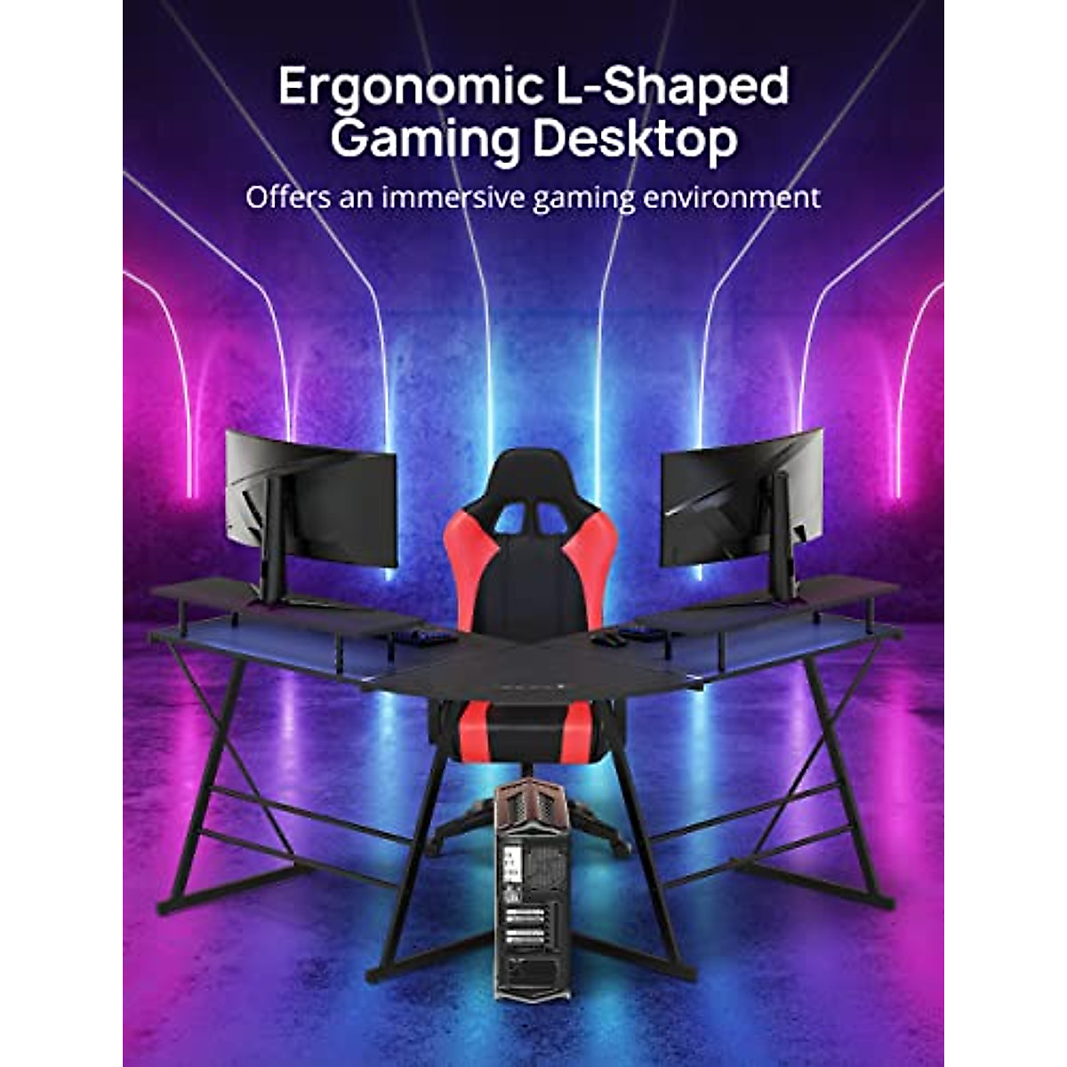 Evajoy Gaming Desk, L Shaped Computer Corner Desk, 53" Ergonomic Gaming Table with Monitor Stands, PC Desk with LED Strips and Power Outlets, Carbon Fiber Surface with Cup Holder, Headphone Hook