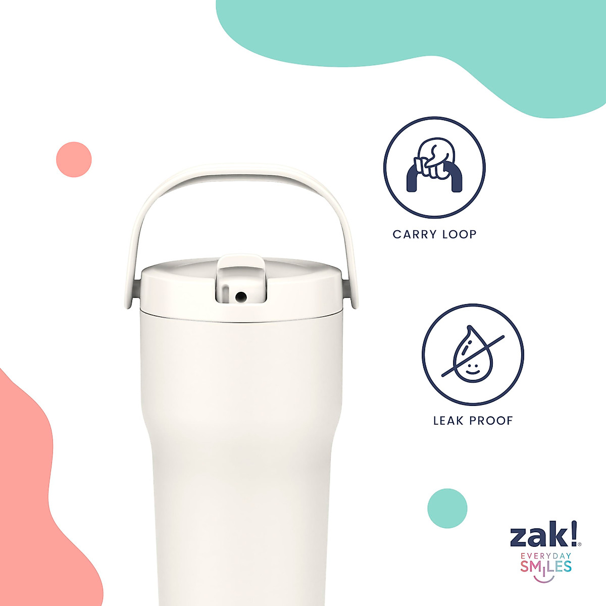 Zak Designs Sutton Travel Tumbler for On the Go, 30oz Stainless Steel with Vacuum Insulation, Straw Spout, Carry Handle for Cold Drinks (Ebony Black)