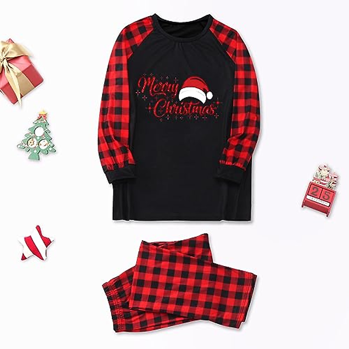 SPANBILT Christmas Pajamas Family Sets PJ's with Letter and Plaid Printed Cute Long Sleeve Tee and Bottom Loungewear Mom